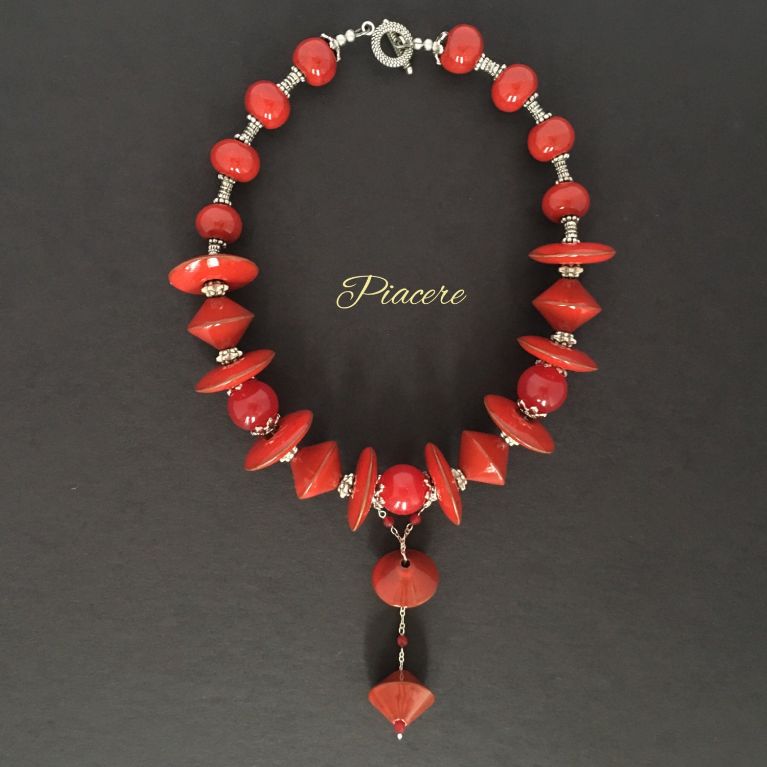 Beautiful Deep Red Greek Enameled Ceramic Mykonos Beads and Carnelian ...