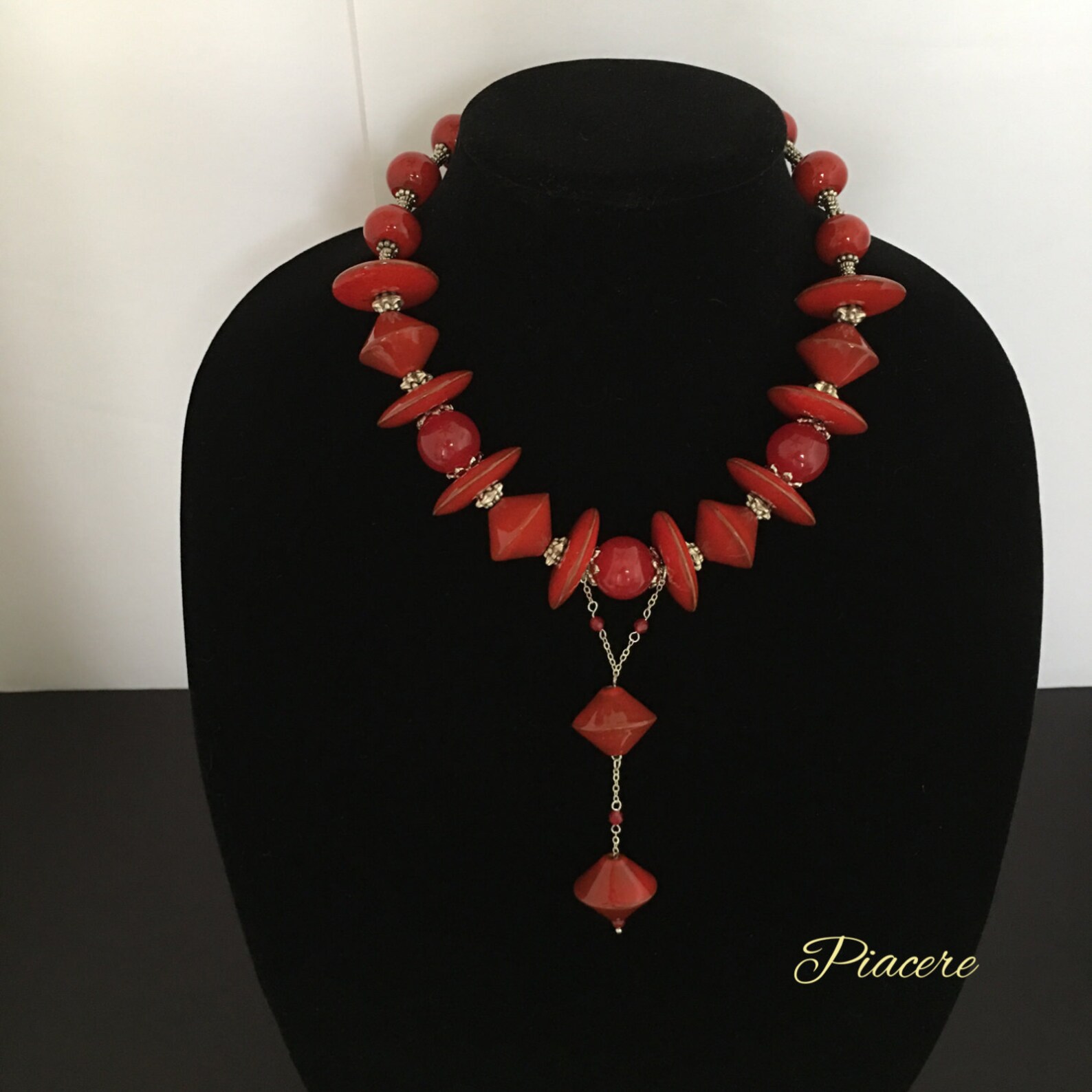 Beautiful Deep Red Greek Enameled Ceramic Mykonos Beads and Carnelian ...