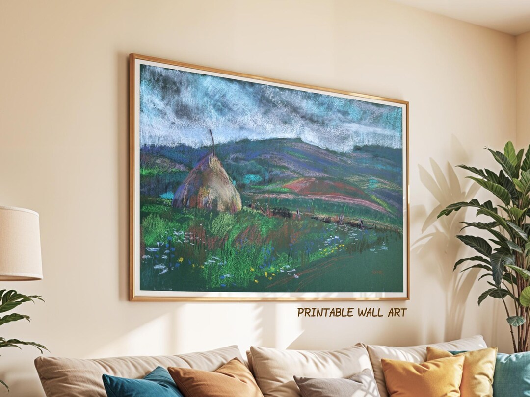 Printable Earthy Green Haystack Countryside Art: Rustic Country ...