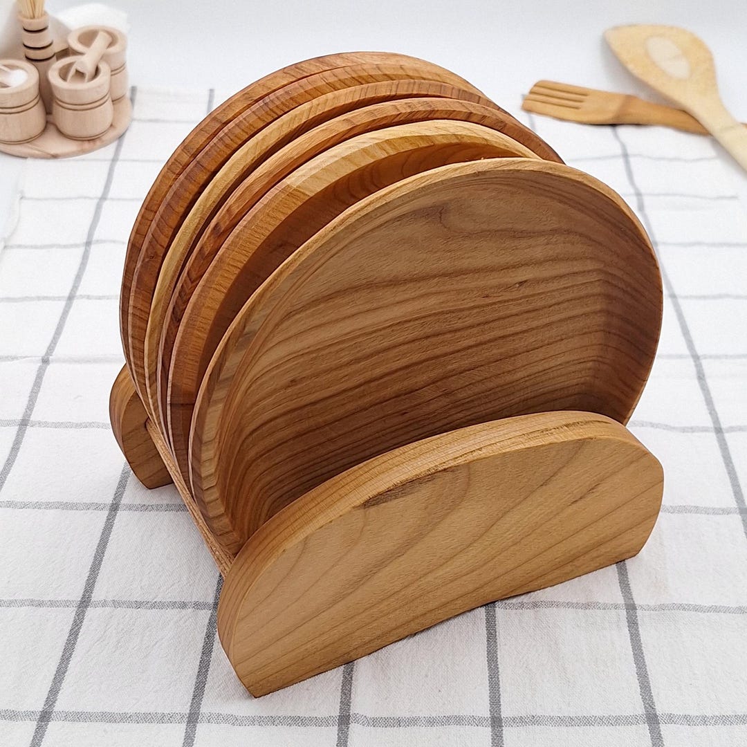 Round Wood Plate Set With Stand Set of 6 Cherry Wood, Handmade Rustic ...