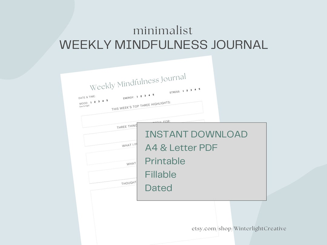 Weekly Mindfulness Printable Journal Printable & Fillable PDF Journal ...