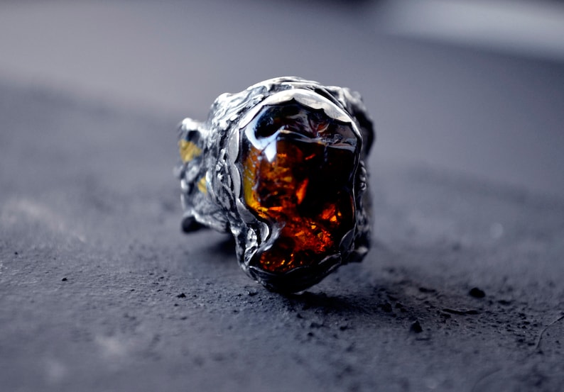 Raw Amber Man Statement Ring in Silver and Gold / Distressed Viking ...