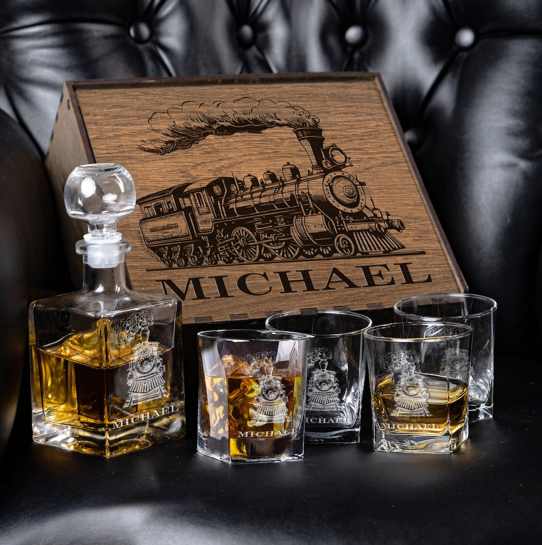 Retro Train- Personalized Whiskey Decanter Set, Whiskey Glass and ...