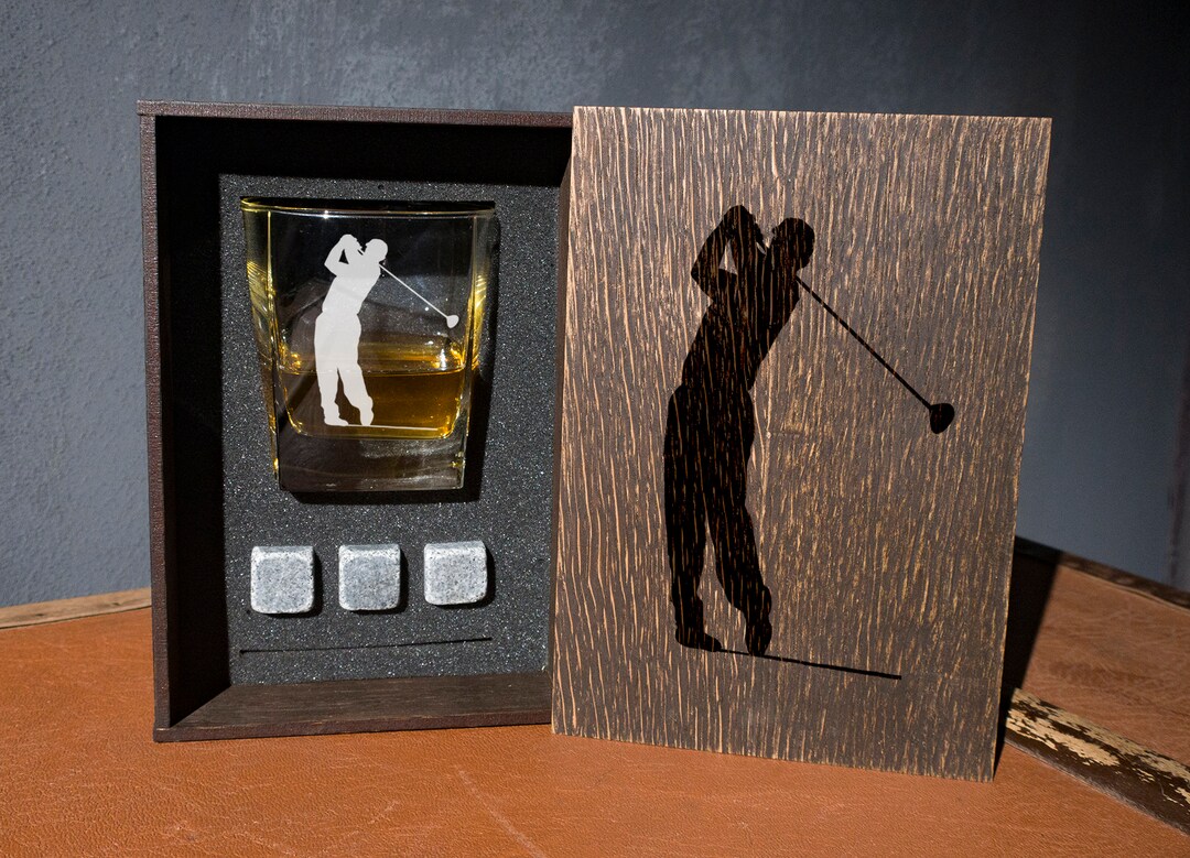 Personalized Golf Whiskey Gift Set – Engraved Glass, Stones, Wood Box ...