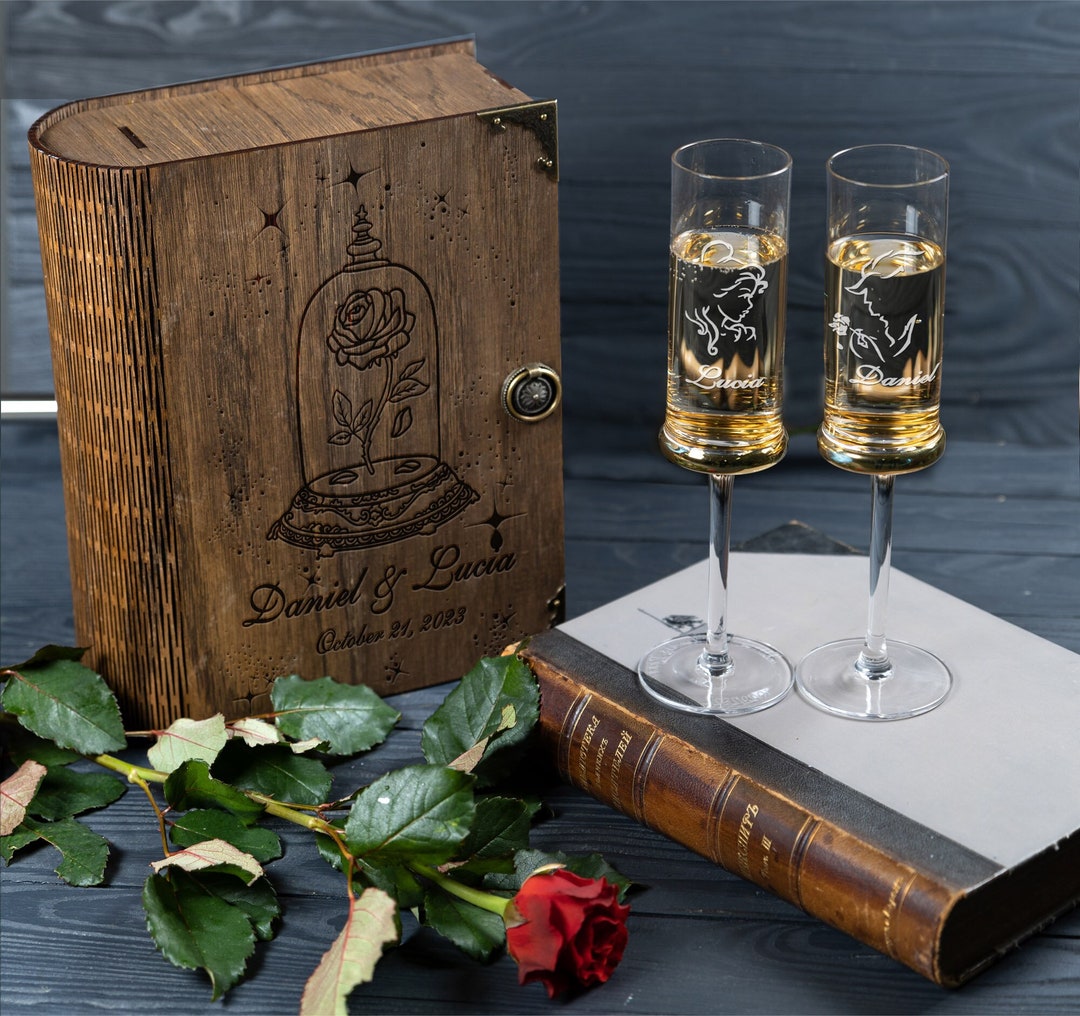 Personalized Princess Wedding Champagne Glasses in Engraved Wood Box or ...