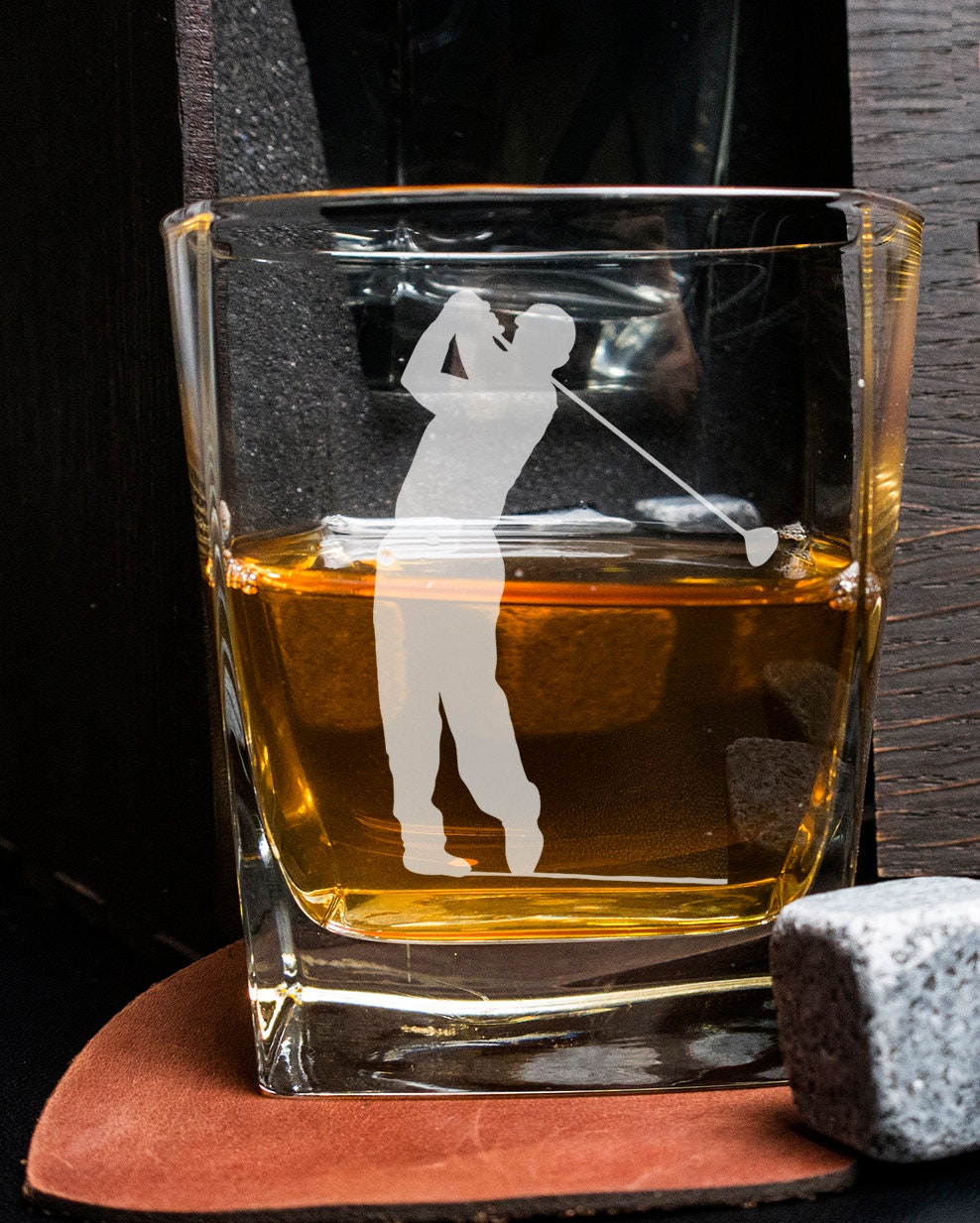 Personalized Golf Whiskey Gift Set – Engraved Glass, Stones, Wood Box ...