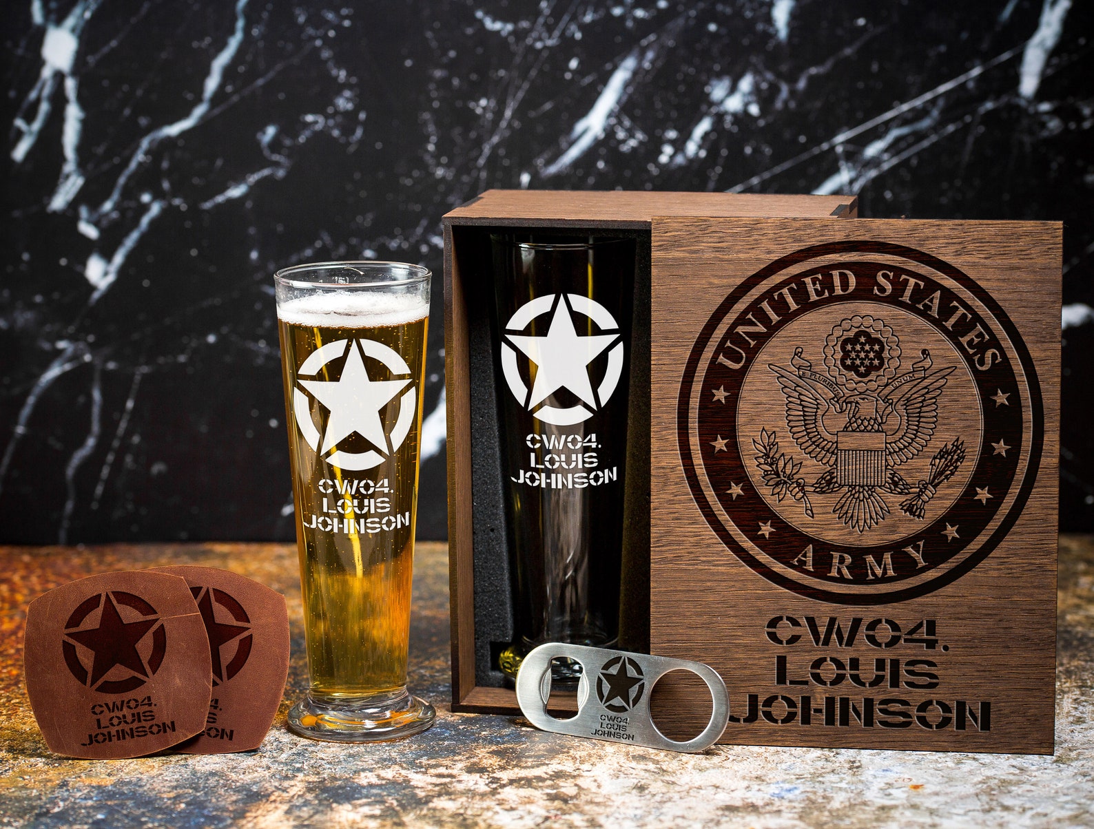 Personalized US Army Beer Glass Set – Veteran Gift With Wood Box 502/1 ...