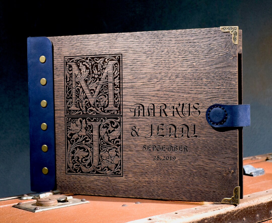 Monogram Wood Wedding Guest Book, Rustic Leather Binding - Etsy