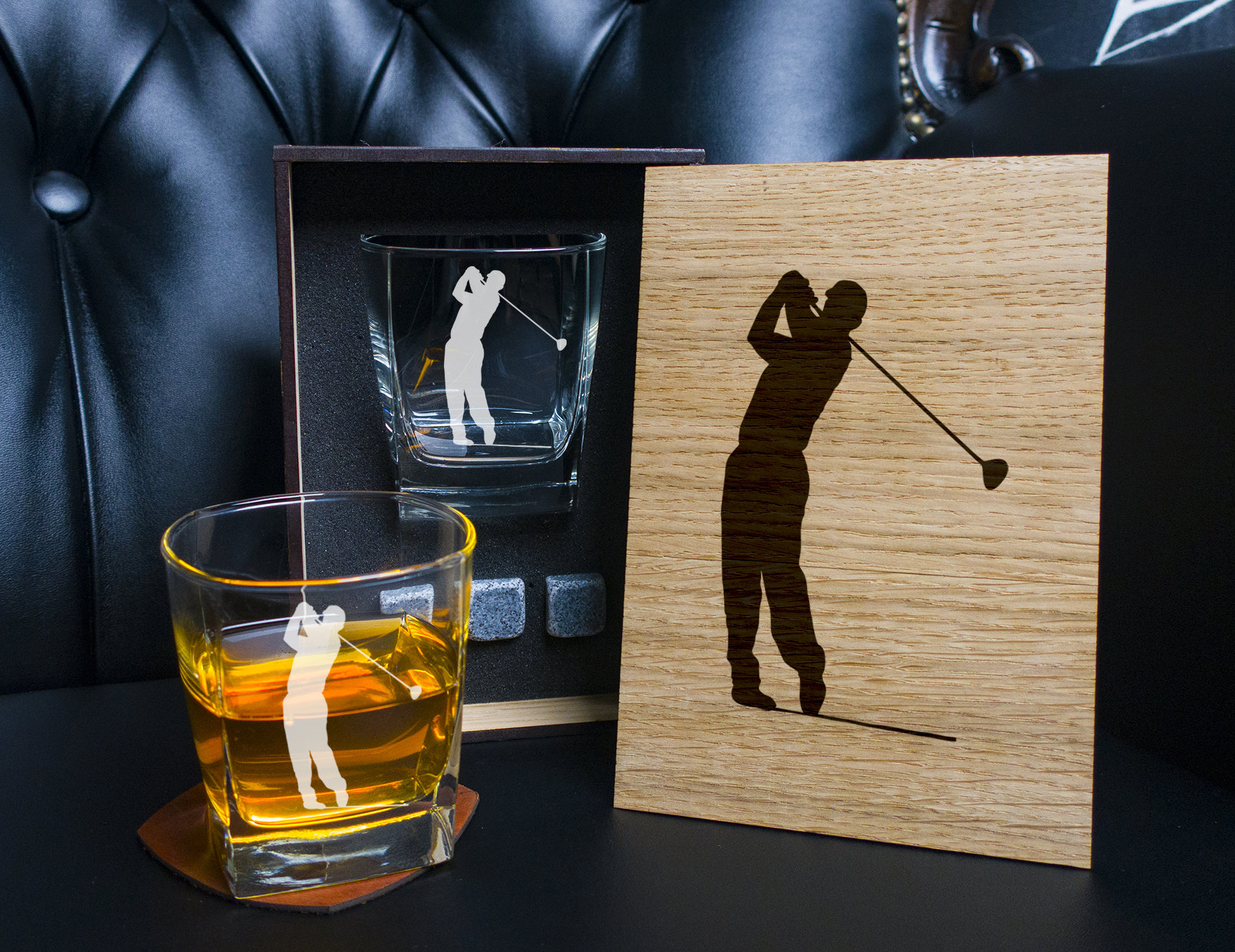 Personalized Golf Whiskey Gift Set – Engraved Glass, Stones, Wood Box ...