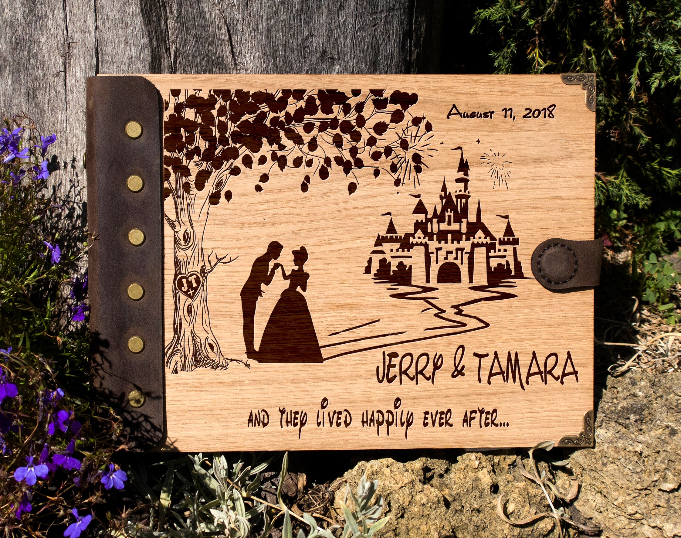 Laser-engraved Wood Wedding Guest Book – Rustic Leather Binding 298.1 ...