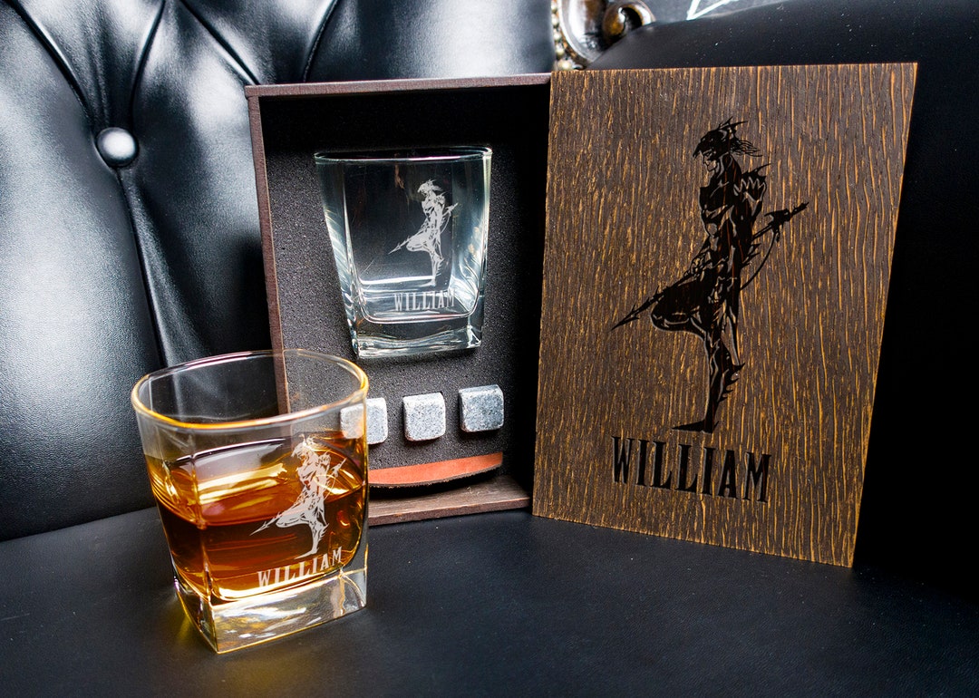 Logo Coaster and Glass and 3 Whiskey Stones in Personalized Wood Box ...