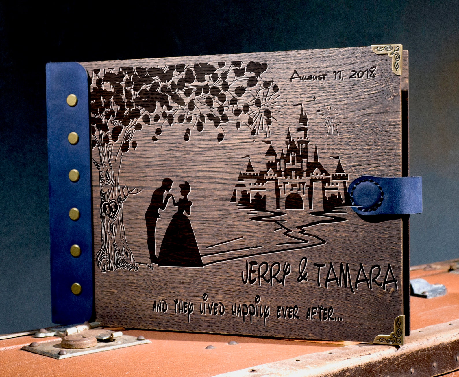Laser-engraved Wood Wedding Guest Book – Rustic Leather Binding 298.1 ...
