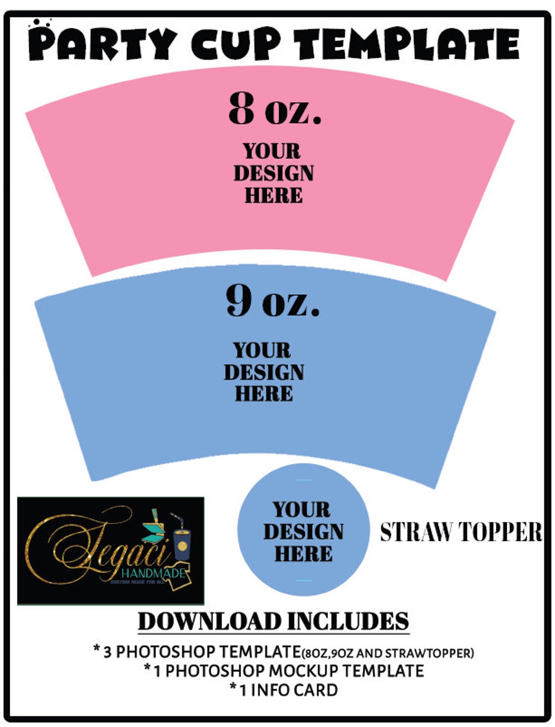 Party Cup & Straw Topper Template - 8oz, 9oz (photoshop, Digital ...
