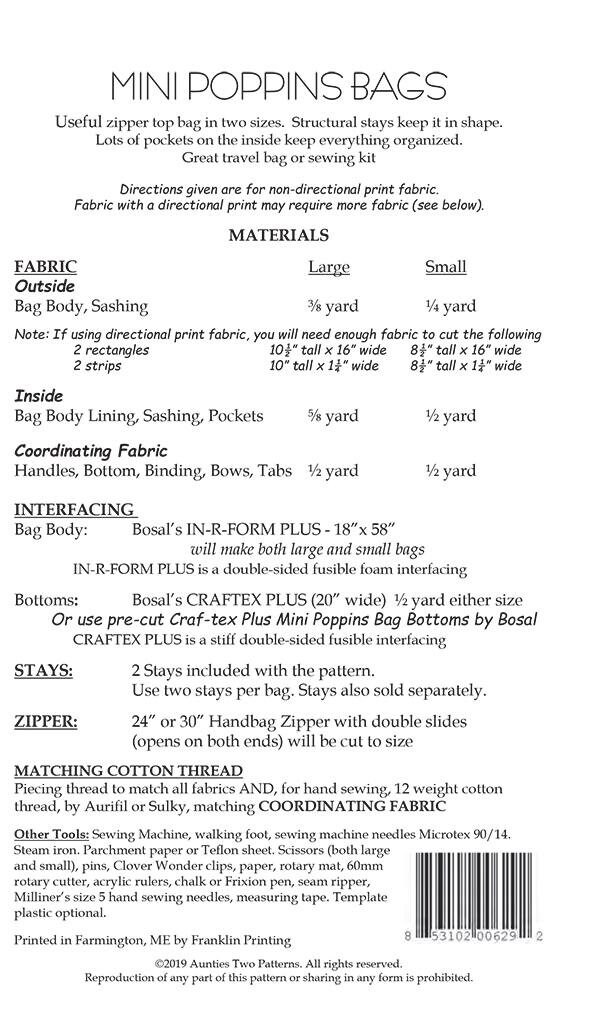 Mini Poppins Bag Pattern by Aunties Two Patterns Paper - Etsy