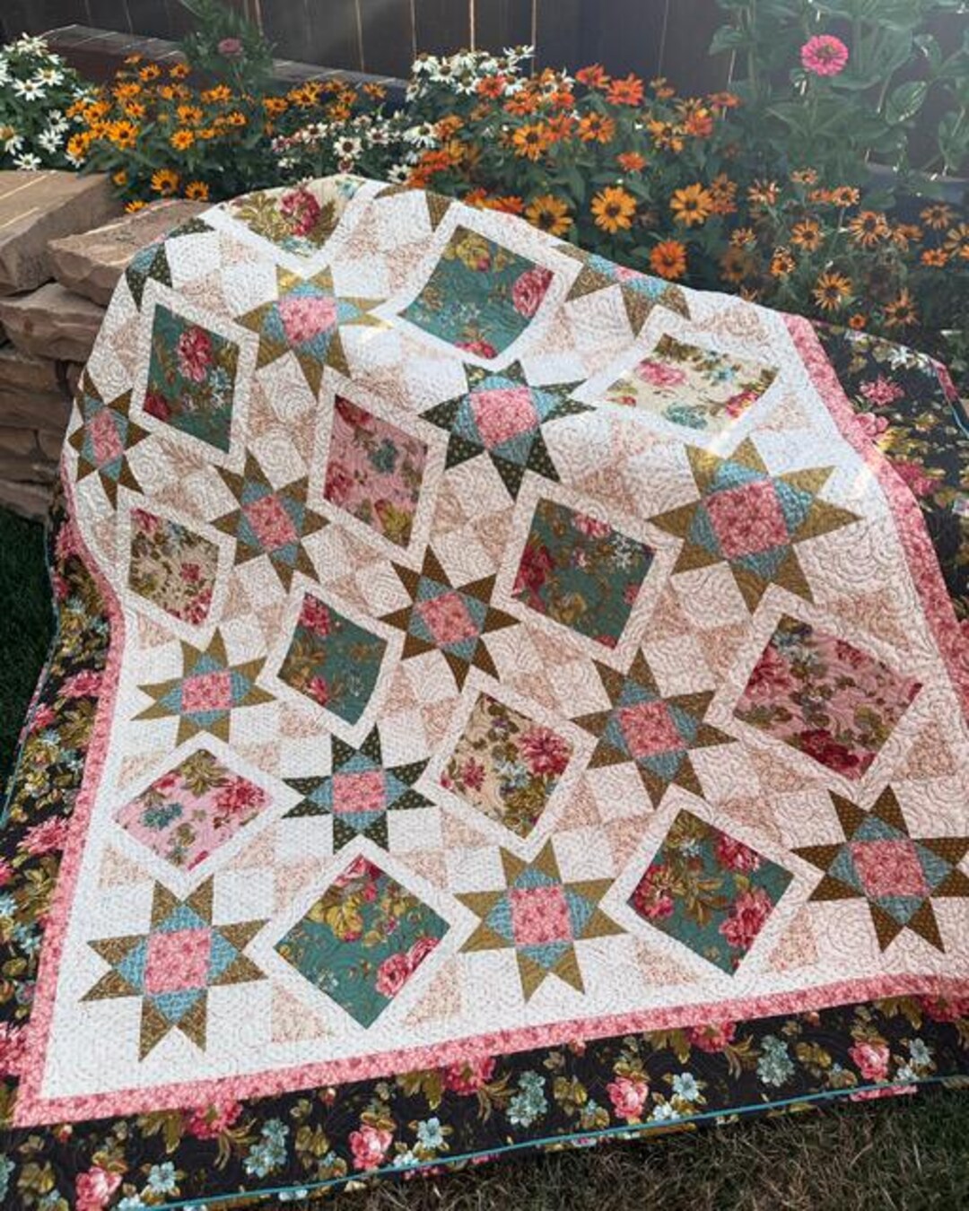 Handmade Quilt-diamonds & Stars-primrose Fabric Quilt-57" X 66"-ready ...