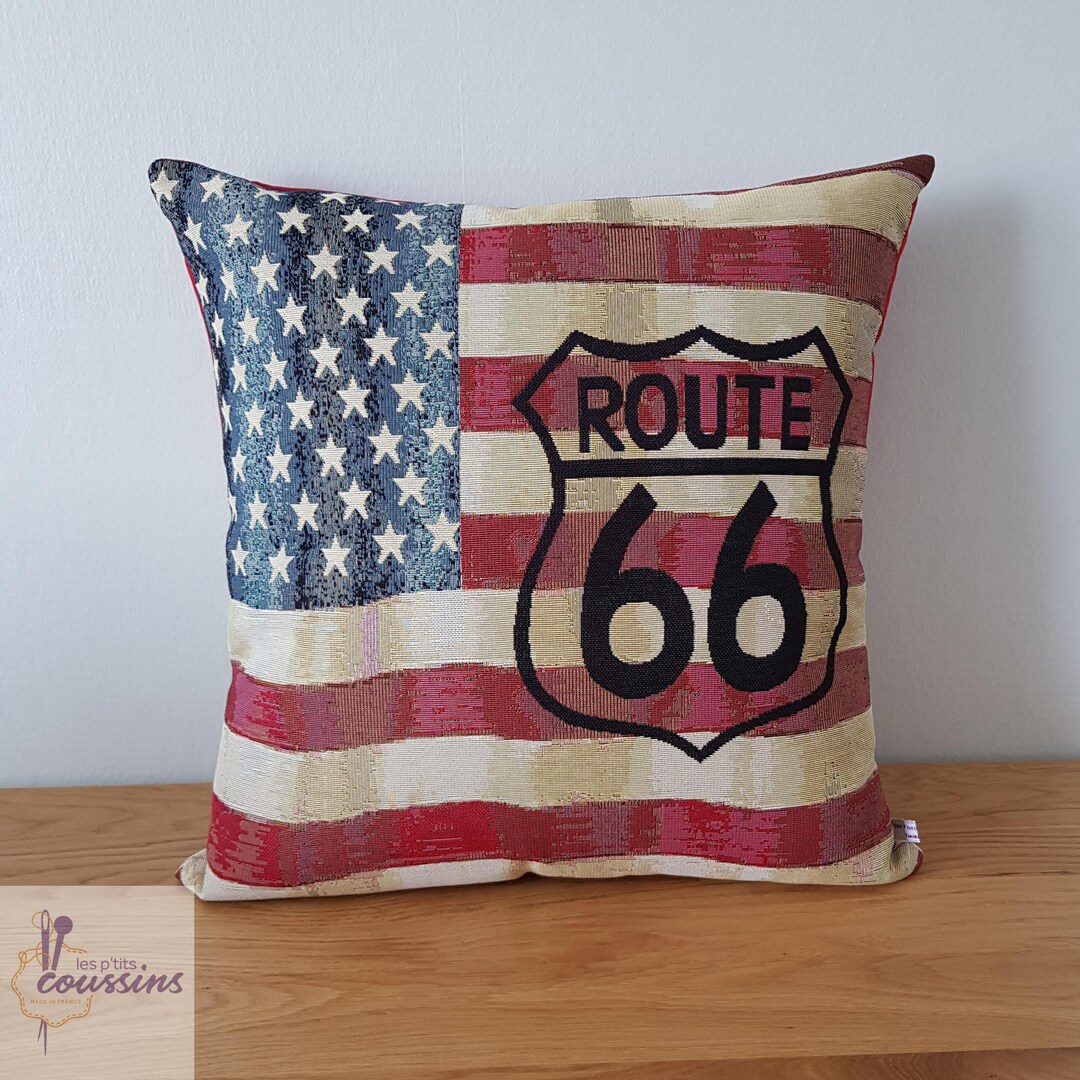 American Flag and Route 66 Pattern Cushion Cover, Vintage American ...