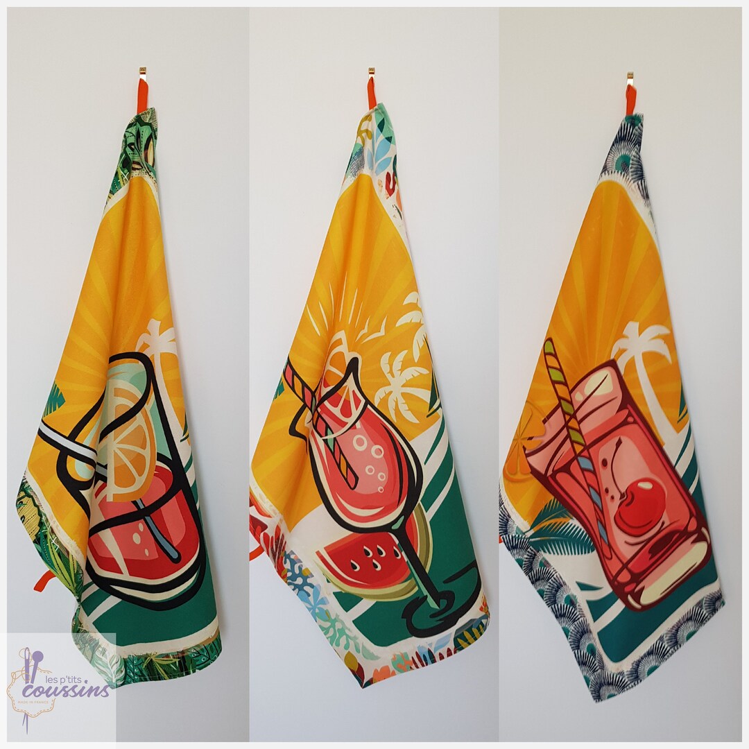 Torchon de cuisine motifs verre de cocktail, essuie main motifs estival ...