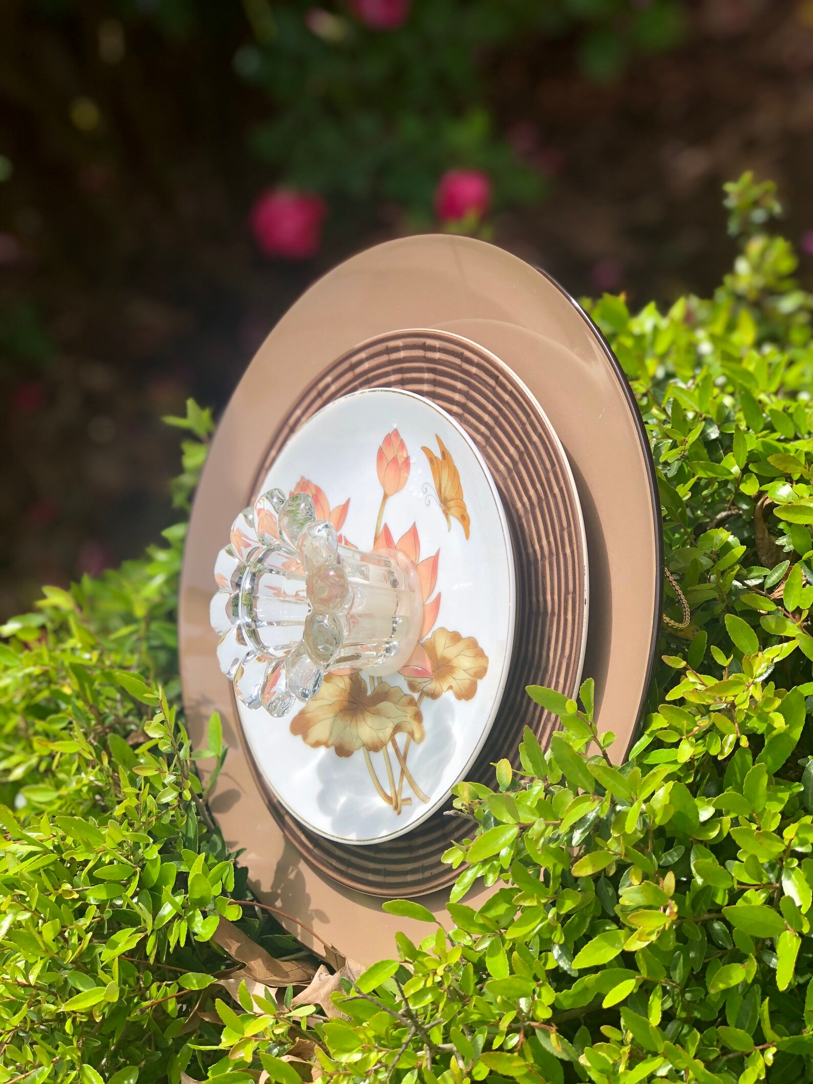 Repurposed Glass Plate Flower Glass Garden Art Plate Flower Sun Catcher ...