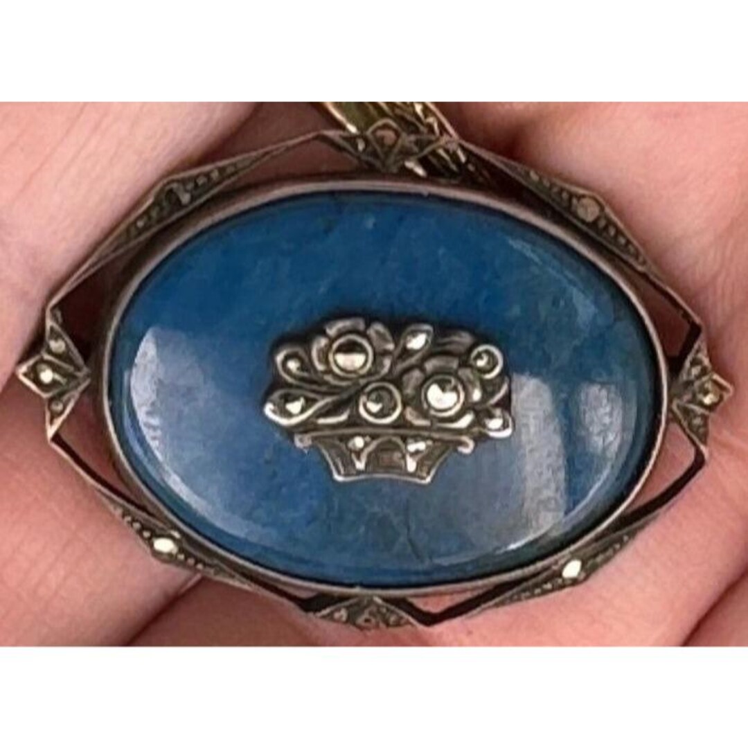 Art Deco Sterling Silver German Brooch Blue Stone Cabochon Marcasite ...