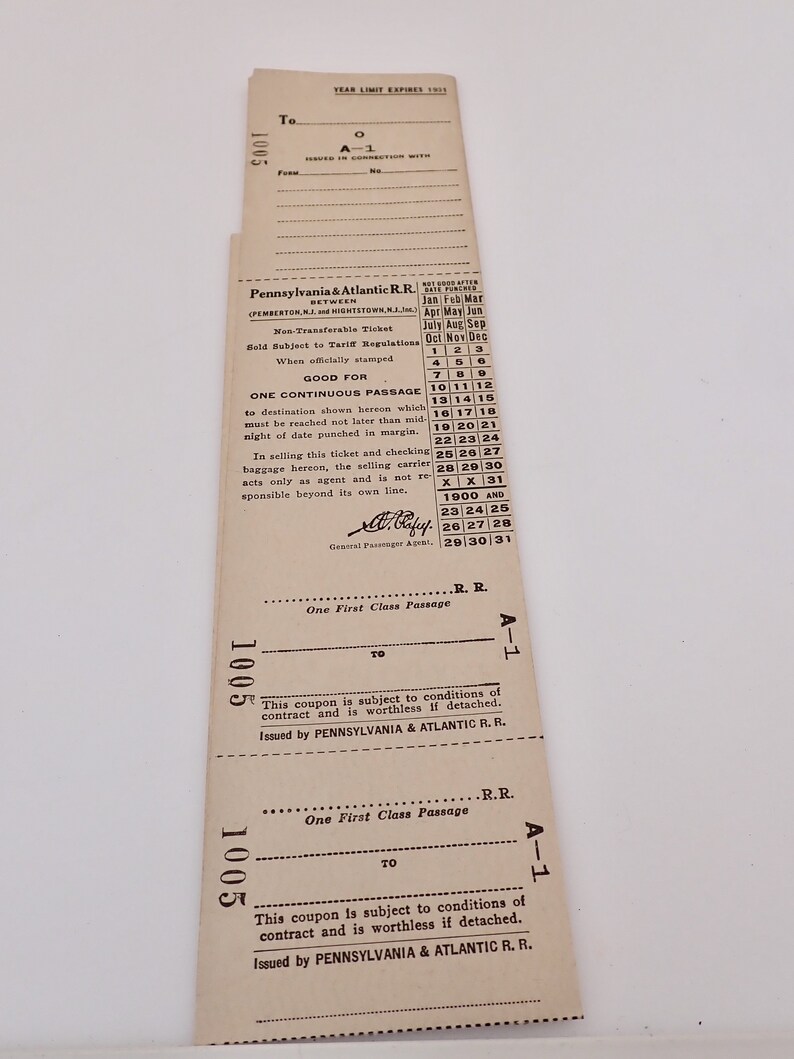 Original 1900's Pennsylvania & Atlantic Intact Railroad Tickets and ...
