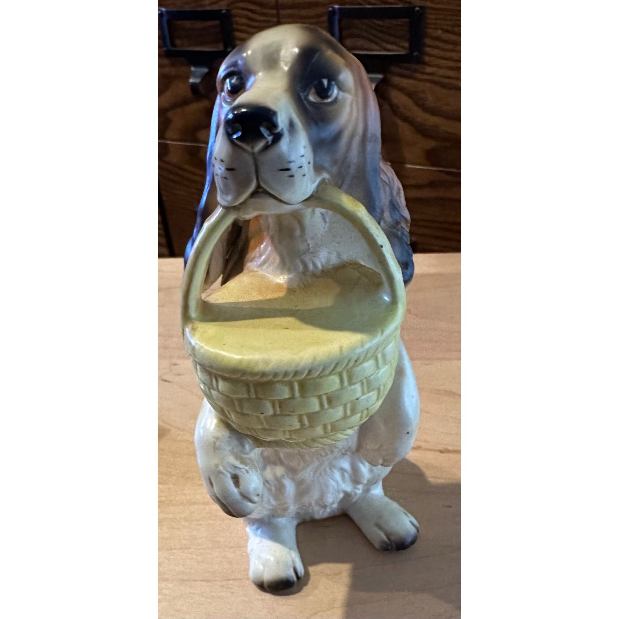 Last Of Litter Basset Hound Dog In Basket Ceramic Figurine