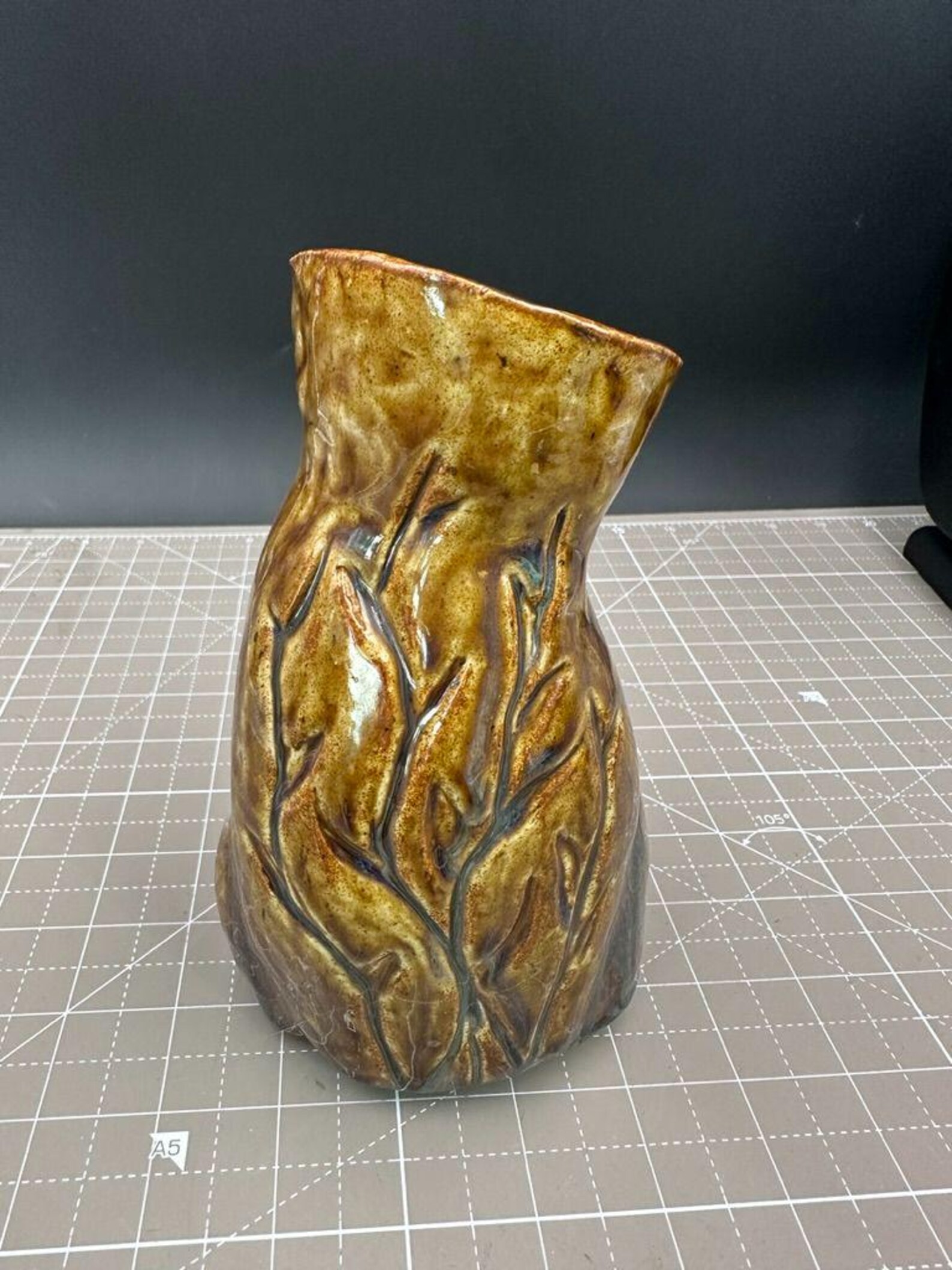 Extremely Heavy Art Pottery Vessel Brown With Carved Branches Brown ...