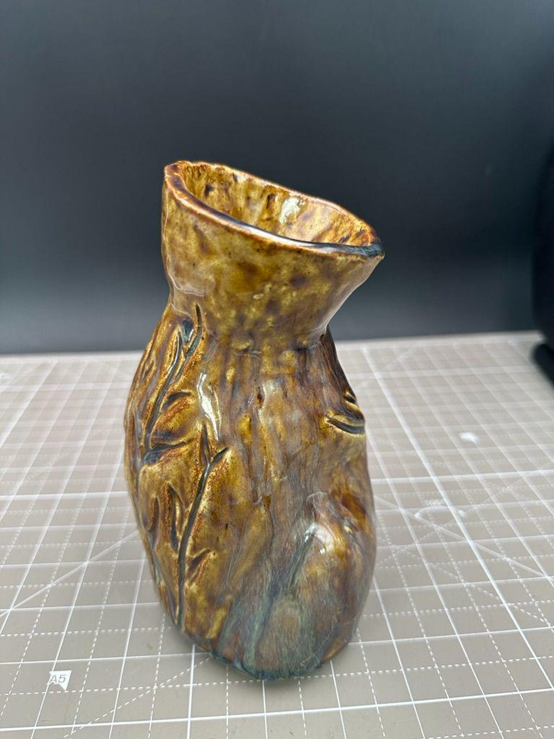 Extremely Heavy Art Pottery Vessel Brown With Carved Branches Brown ...