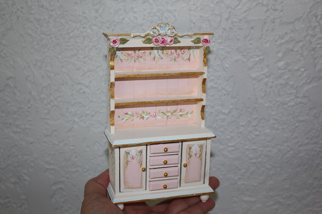 Miniature Kitchen Cabinet W Hand-sculpted Roses, Hand-painted Hutch ...