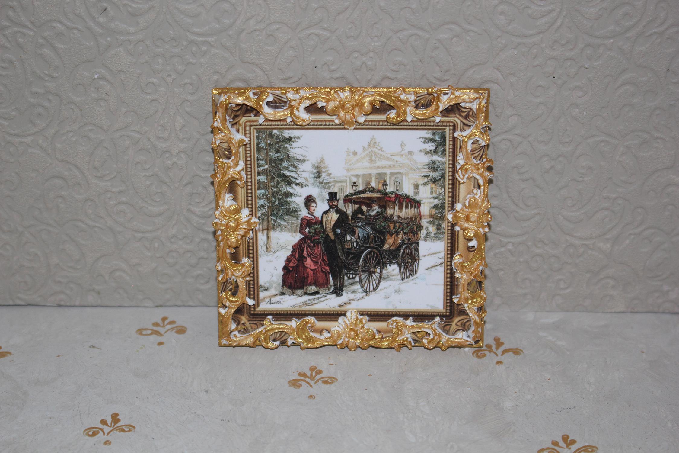 Miniature Christmas Picture , Victorian Couple in Scenic Setting ...