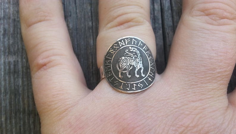 Viking ring with Fenrir in the runic circle. Pagan ring. Wolf | Etsy