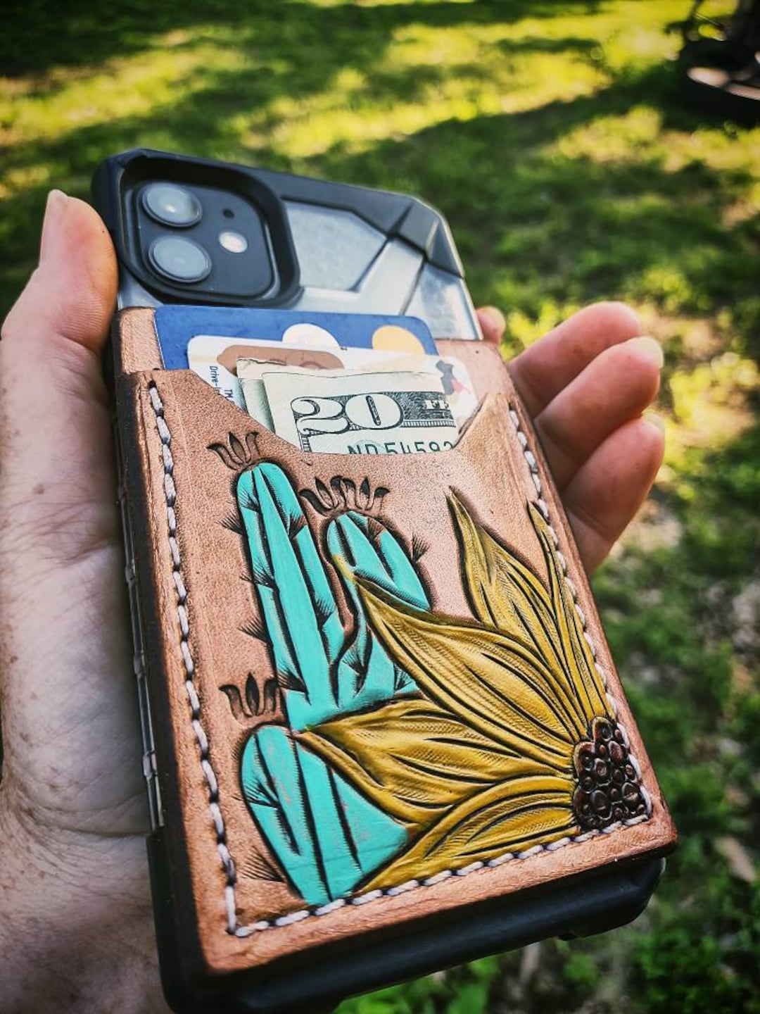 Cactus and Sunflower Tooled Leather Card Wallet With One Pocket - Etsy