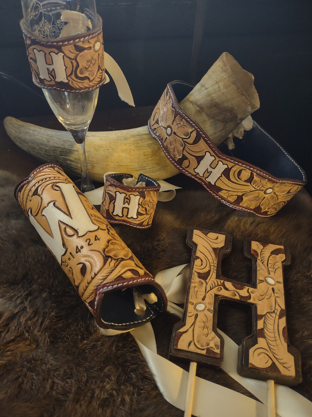 Tooled Leather Wedding Set. Bouquet Wrap, Garter, Cake Topper, 2 ...