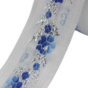 35 Mm White Front Blue&silver Floral Jacquard Ribbon (1.37 Inches ...