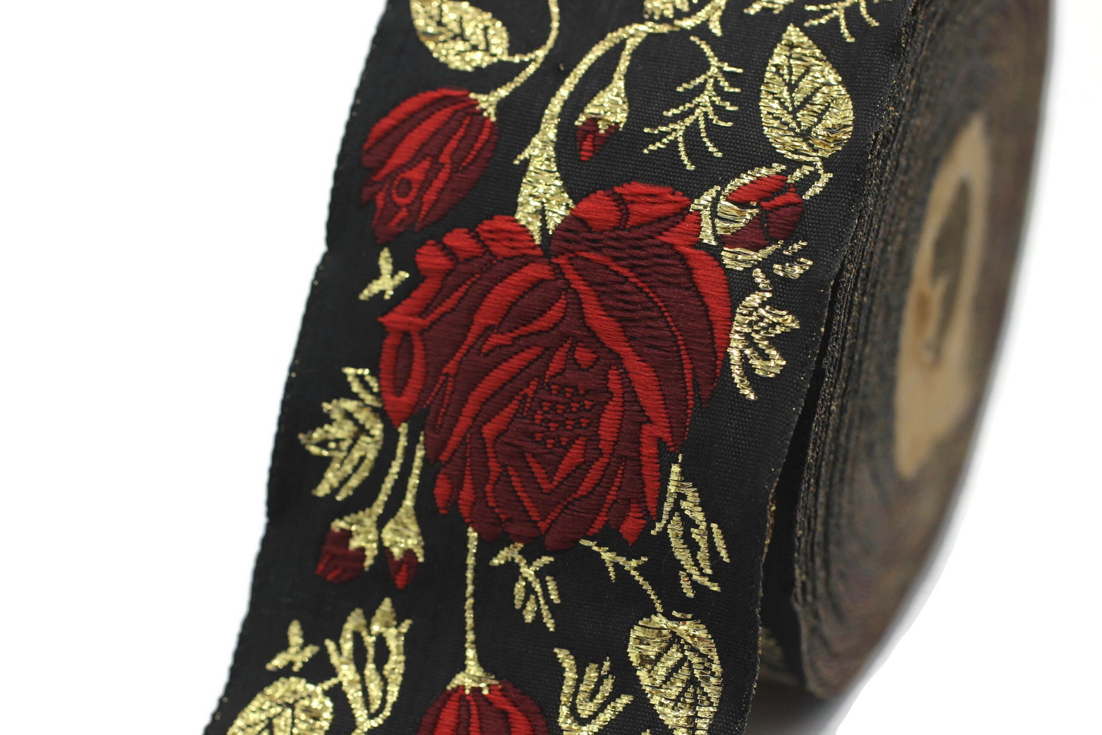50 Mm Red / Black Floral Jacquard Trim, 1.96 Inches, Rose Embroried ...