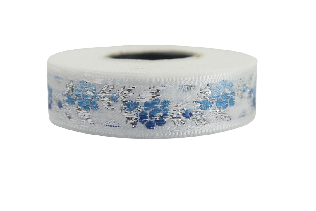 16 Mm White Front Blue&silver Floral Jacquard Ribbon (0.62 Inches ...