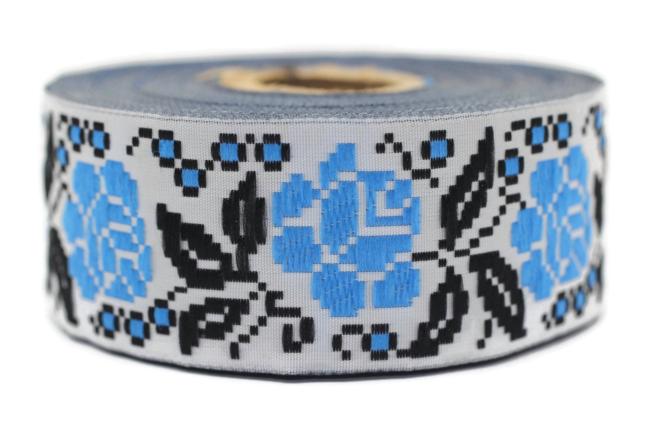 35 Mm Blue/white Rose Ribbon 1.37 Inch Geometric Trim - Etsy