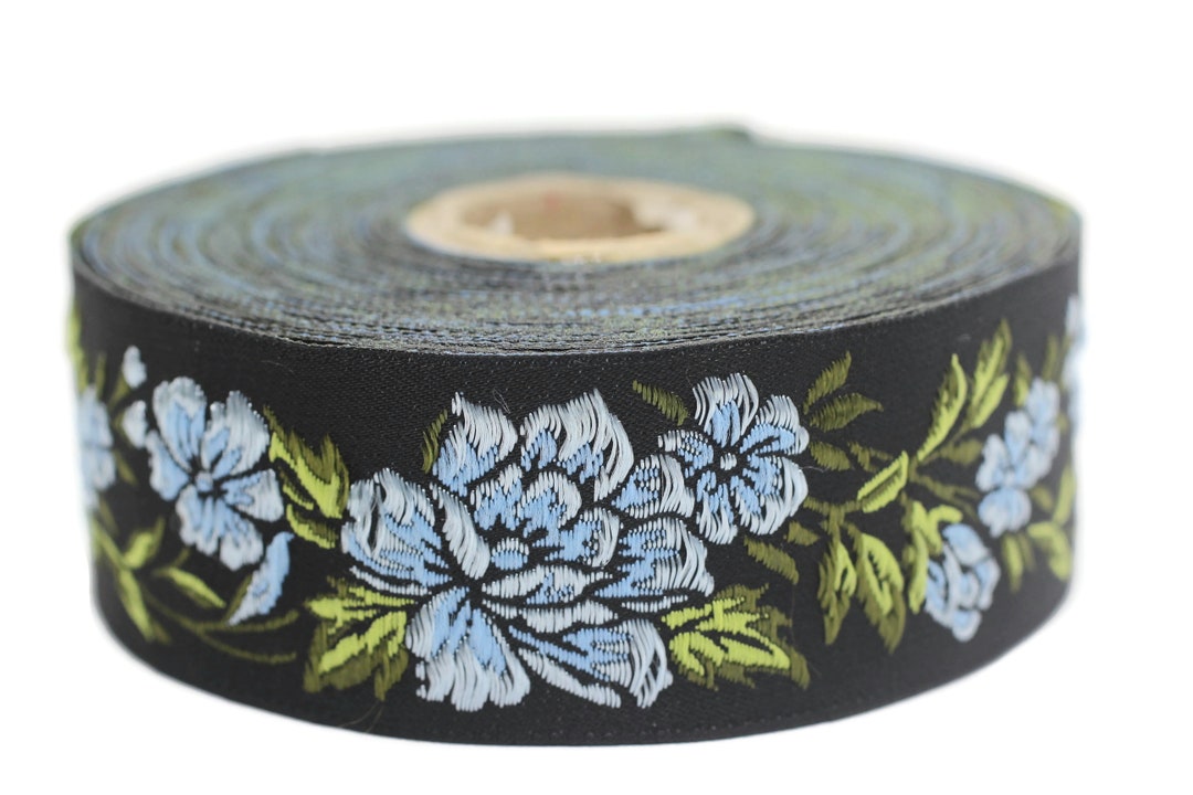 35 Mm Sky Blue / Black Floral Jacquard Trim (1.37 Inches, Vintage ...