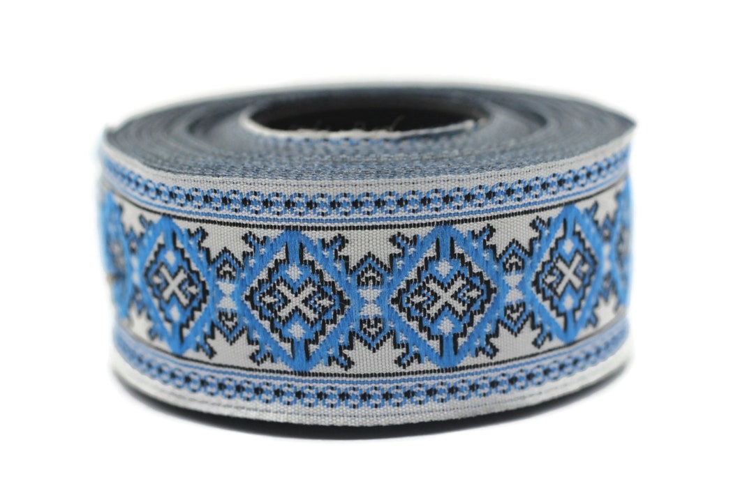 25 Mm Blue/white Carpet Ribbon 0.98 Inches, Geometric Trim, Jacquard ...
