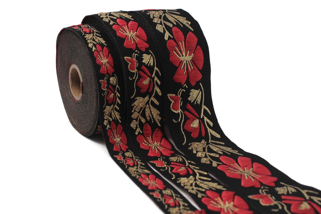 Floral Jacquard Ribbon Trim, Black Red Gold Embroidered Decorative ...