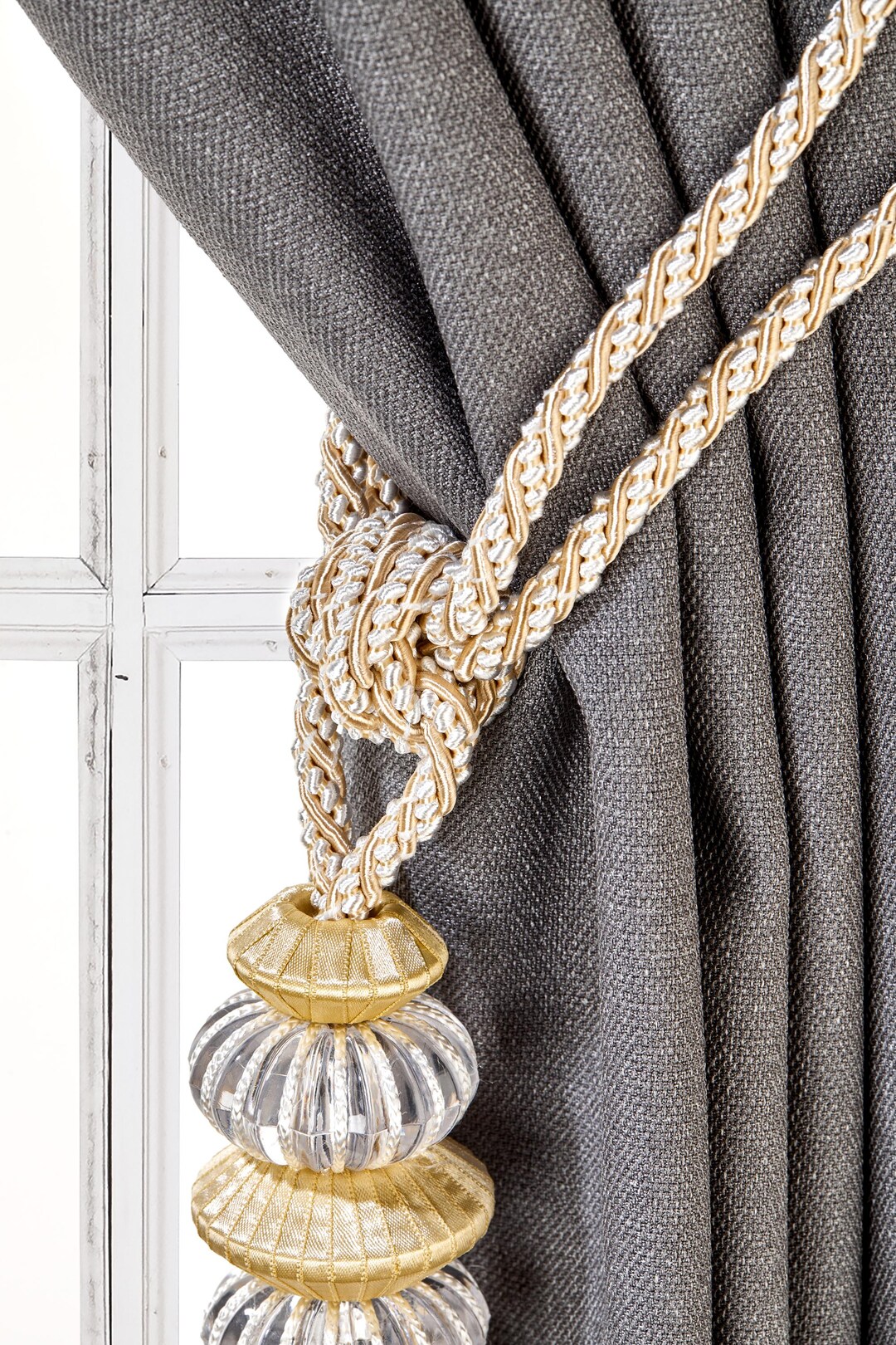 Luxury Curtain Tassel Tiebacks, Golden & White Drapery Holdbacks, Rope ...