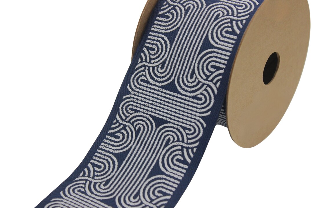 2.7" Embroidery Curtain Trim, Dark Blue and White Jacquard Ribbon for ...