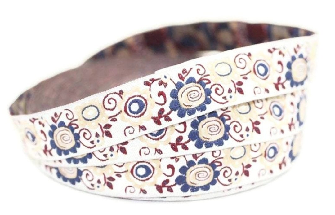15 Mm Blue&claret Red Jacquard Ribbons, 0.59 Inches, Flower Emborierd ...