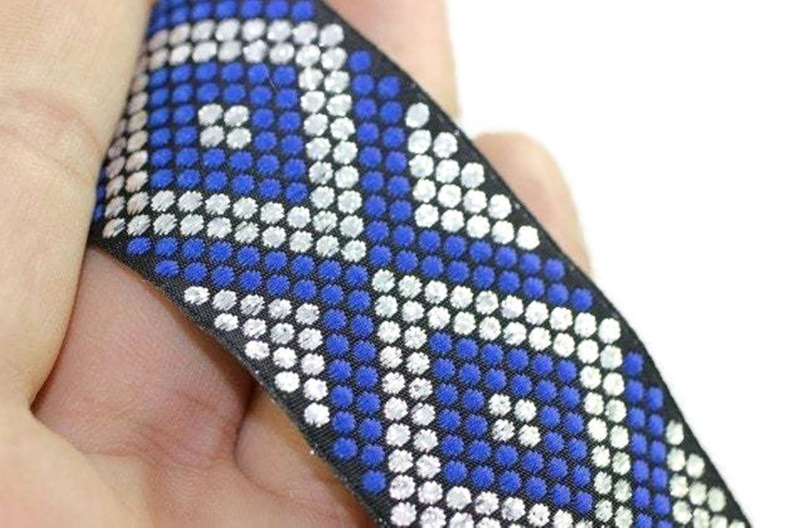 35 Mm Blue/silver Metallic Ribbon Jacquard Ribbon Trim | Etsy