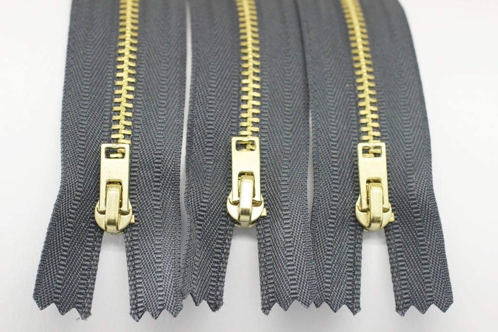 5 Pcs Gray Metal Zippers With Gold Brass Teeth 18-100cm - Etsy