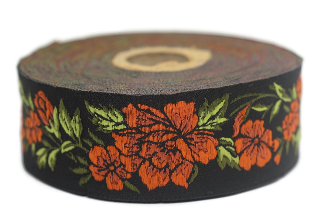 35 Mm Orange / Black Floral Jacquard Trim (1.37 Inches, Vintage Ribbon ...