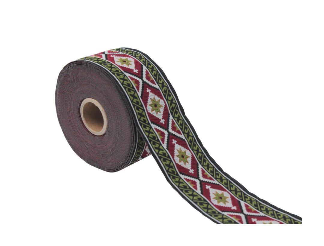 2 Inch Wide Boho Ribbon Trim - Red Green Ethnic Jacquard Border - Woven ...