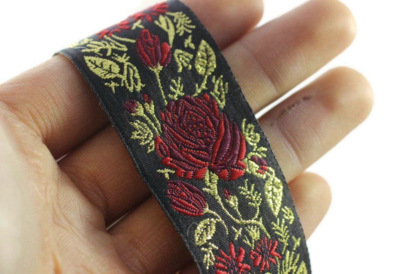 50 Mm Red / Black Floral Jacquard Trim 1.96 Inches Rose | Etsy