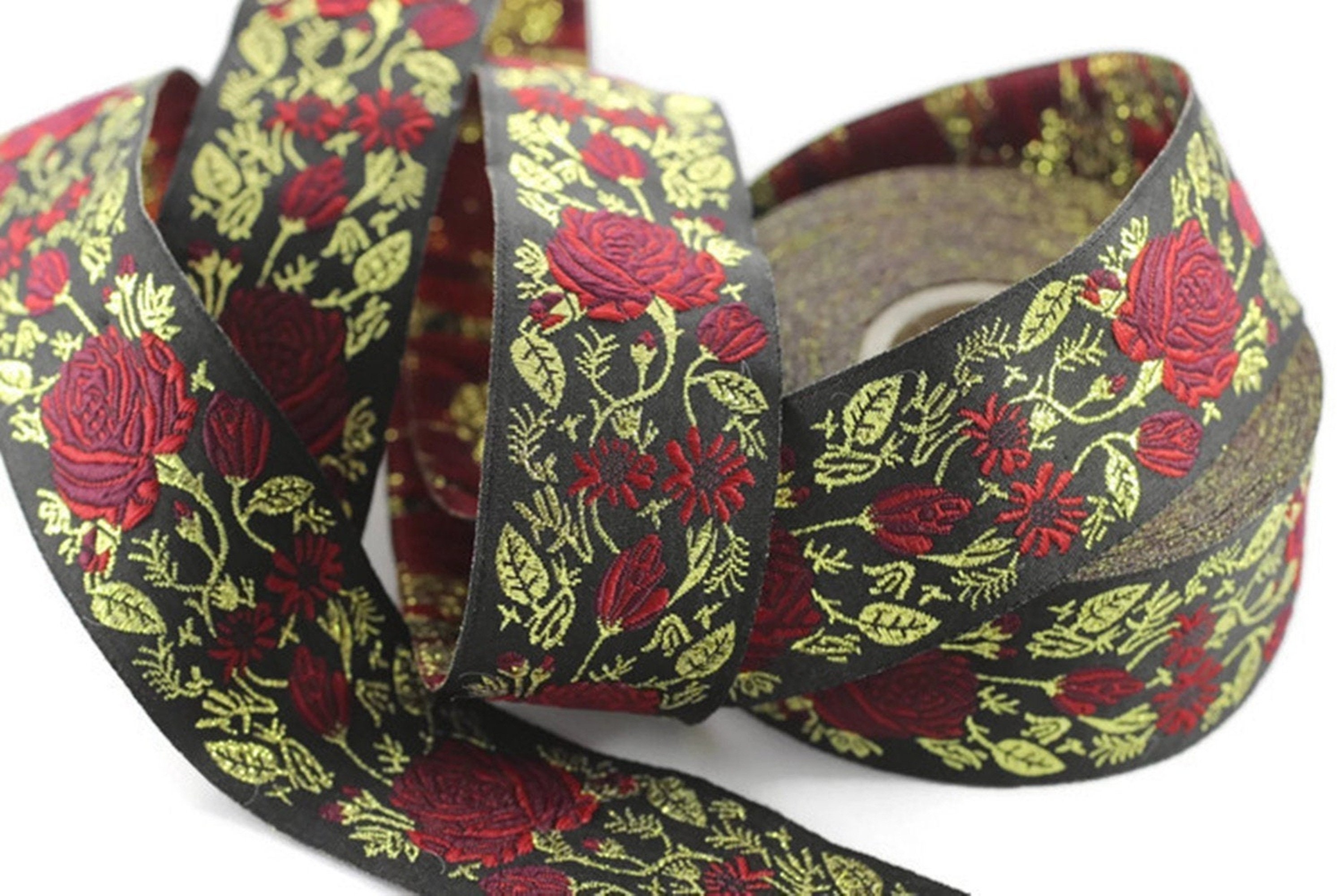 50 Mm Red / Black Floral Jacquard Trim 1.96 Inches Rose | Etsy
