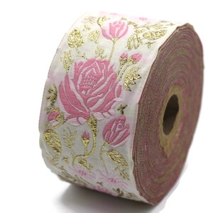 50 Mm Pink / White Floral Jacquard Trim (1.96 Inches), Rose Embroried ...