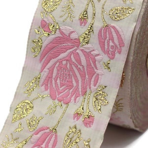 50 Mm Pink / White Floral Jacquard Trim (1.96 Inches), Rose Embroried ...